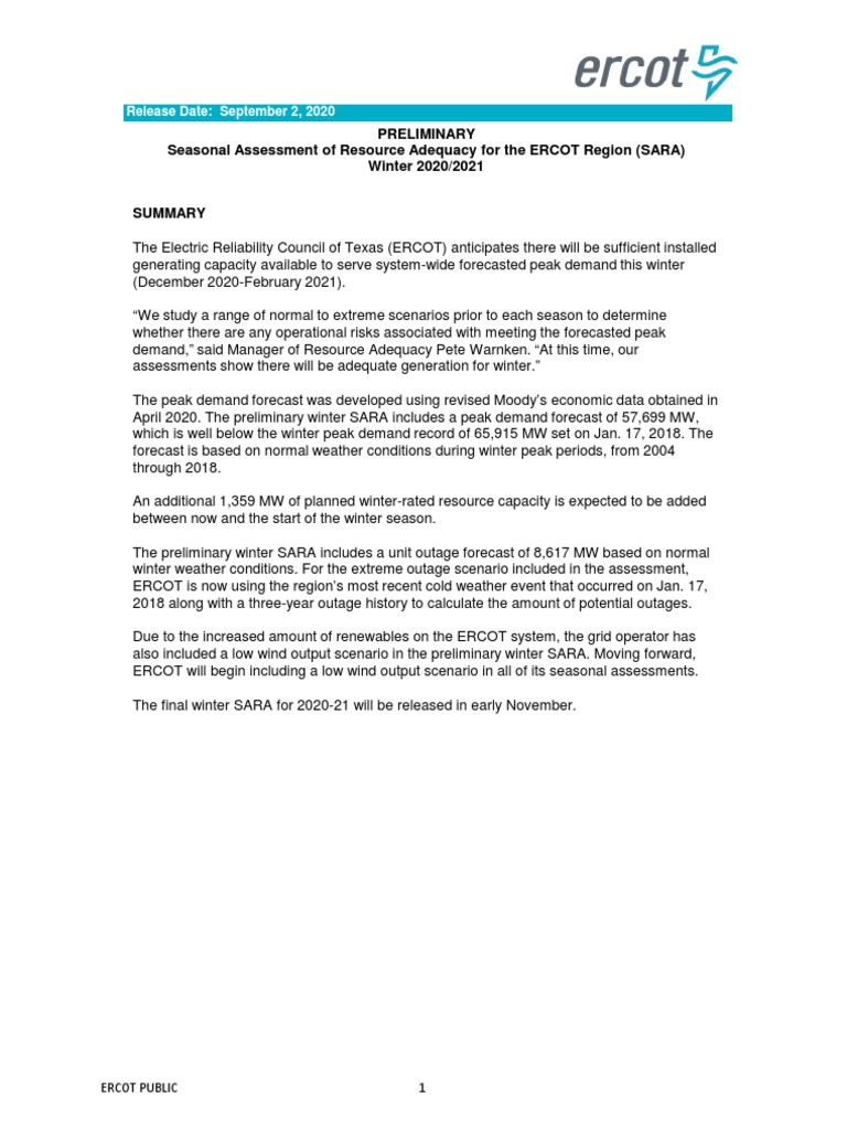 Preliminary Seasonal Assessment of Resource Adequacy For The ERCOT ... Preliminary Seasonal Assessment of Resource Adequacy For The ERCOT ...