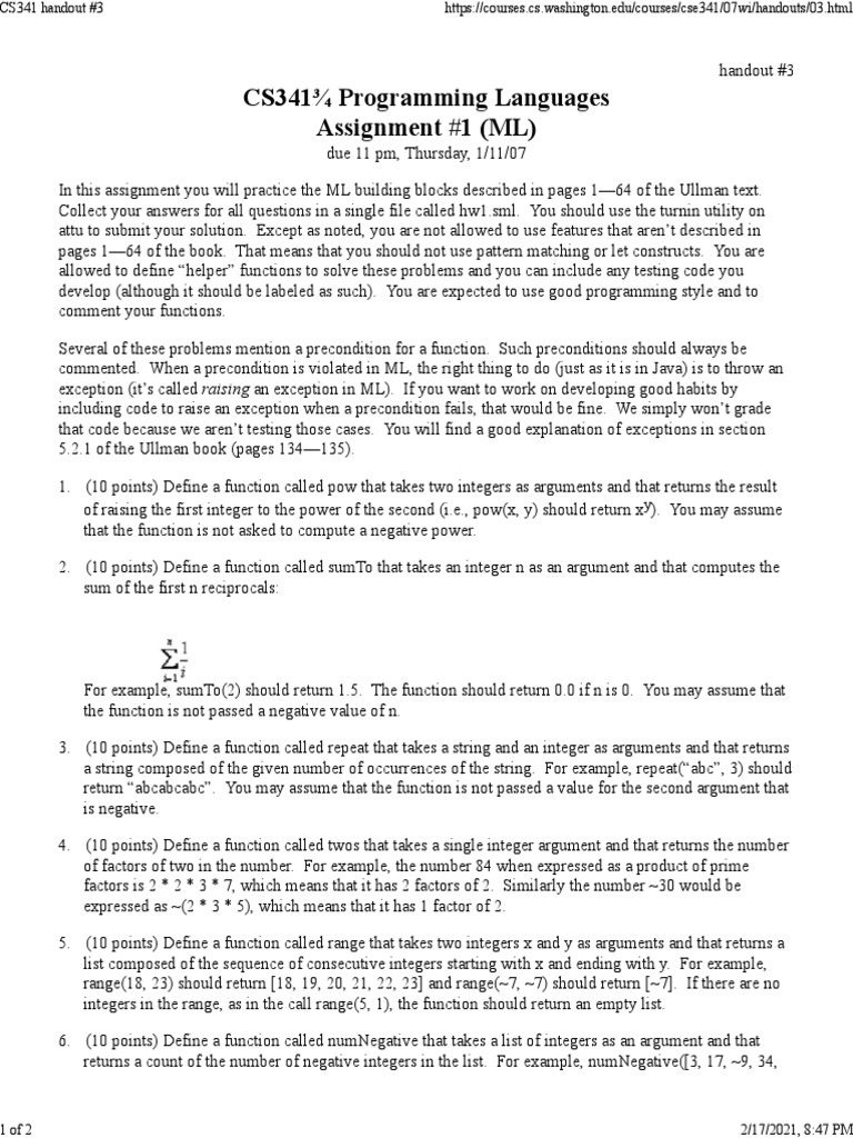 CS341 Programming Languages Assignment #1 (ML) | PDF | Function (Mathematics) | Summation