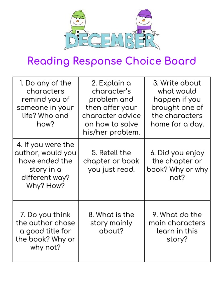 December Reading Response Choice Board | PDF
