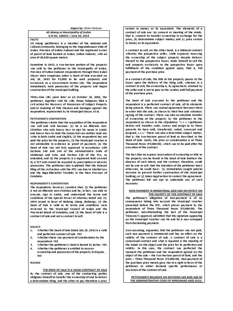 Digest By: Shimi Fortuna Ali Akang Vs Municipality of Isulan | PDF ...