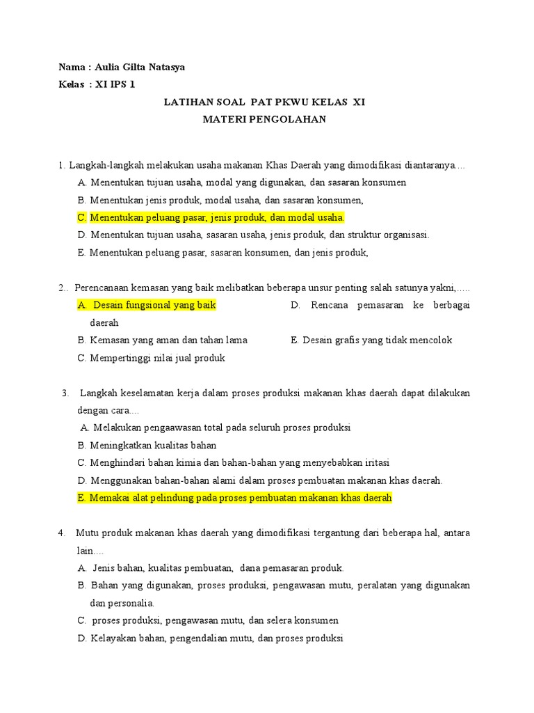 Latihan Soal PAT PKWU XI Materi Pengolahan Aul | PDF