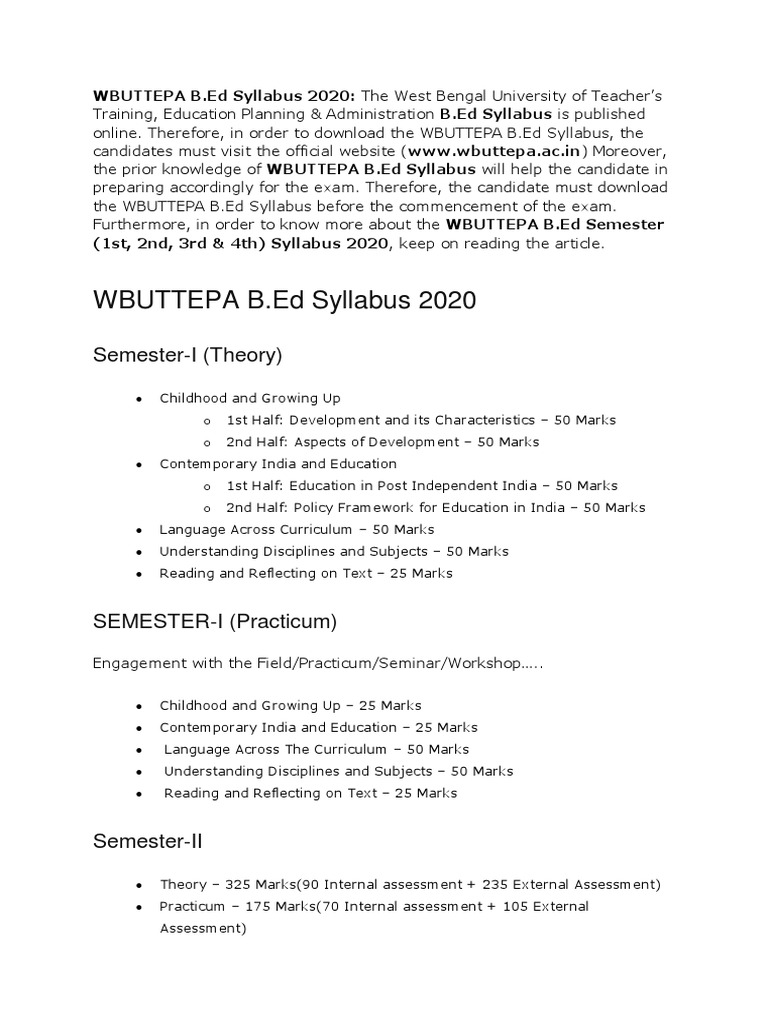 02192020173639WBUTTEPA Syllabus 2020 (B.Ed.) | PDF | Curriculum | Pedagogy