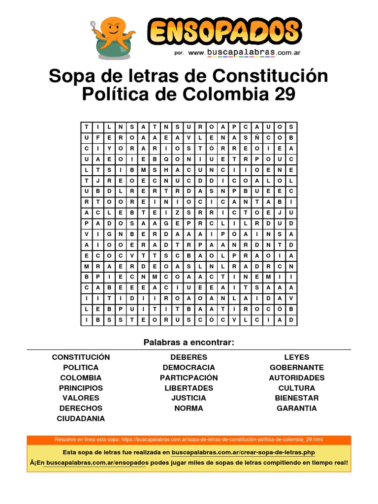 Sopa de Letras de Constitución Política de Colombia | PDF | Teorías ...