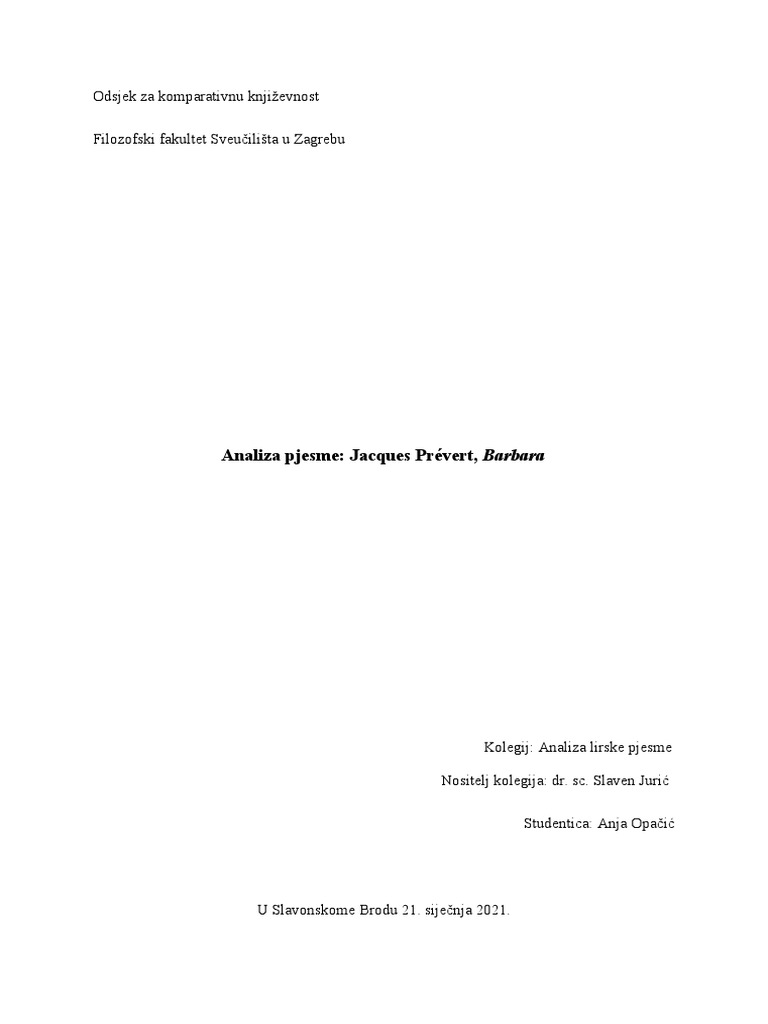 Jacques Prevert - Barbara, Essay | PDF