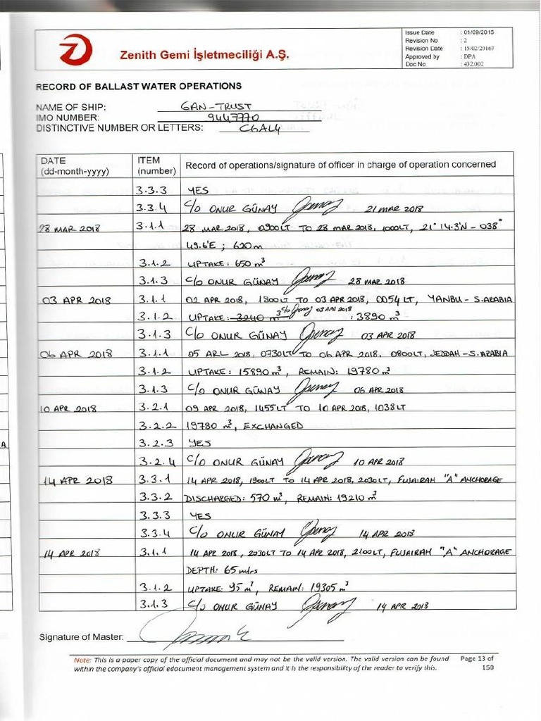Gan-Trust - Ballast Water Record Book - April 2018 | PDF