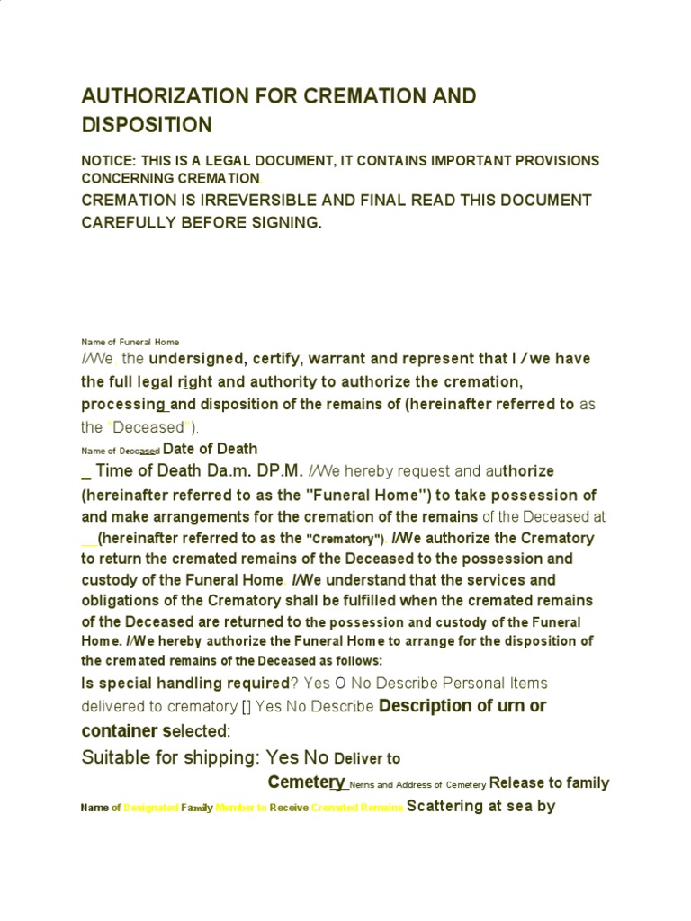 Authorization For Cremation and Disposition: Suitable For Shipping: Yes ...