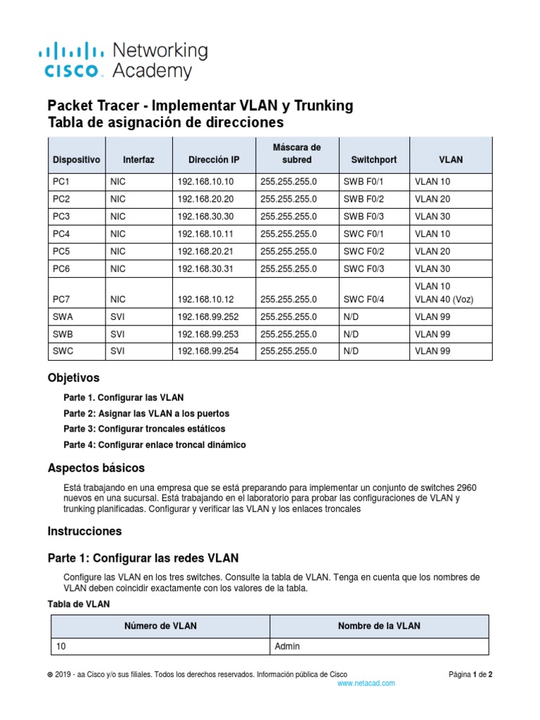 3.6.1 Packet Tracer - Implement Vlans and Trunking - Es XL | PDF | Conmutador de red ...