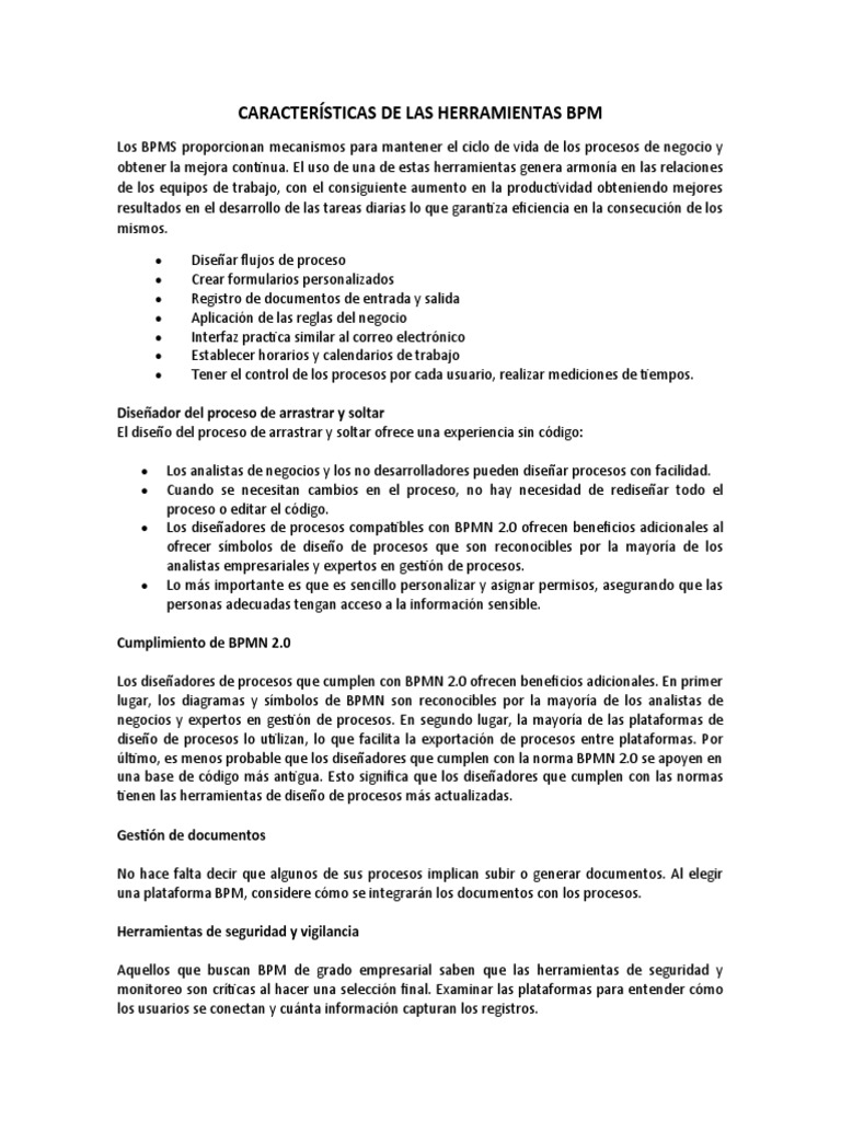 Características de Las Herramientas BPM | PDF | Software de la aplicacion | Edad de información