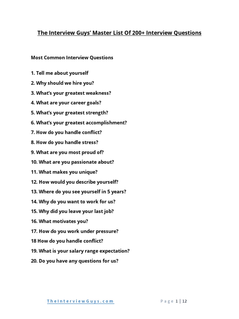 The Interview Master List of 200 Interview Questions Simple | PDF