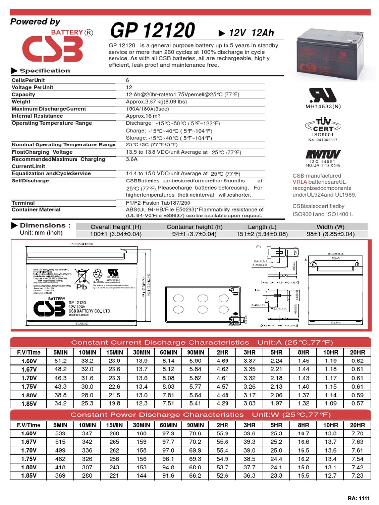 GP12120F2 CSB 12ah 12vdc Batteries | PDF