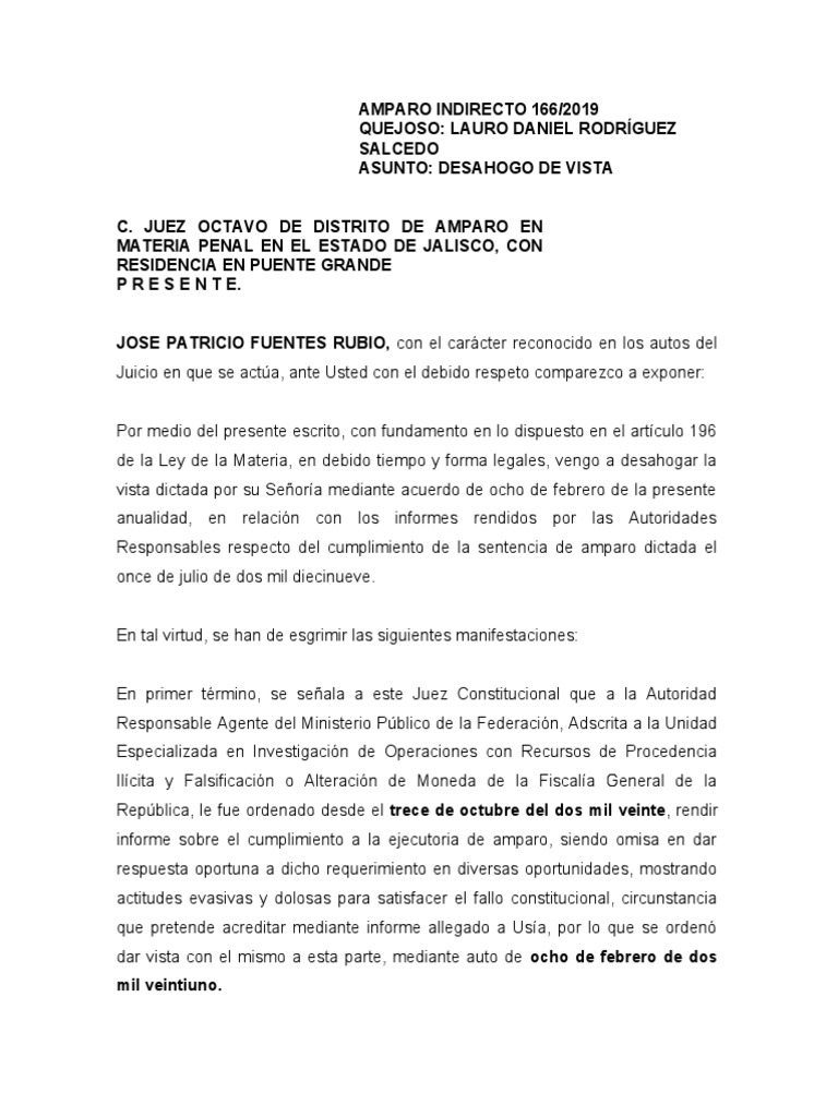 Desahogo de Vista Cumplimiento Ejecutoria Amparo Daniel | PDF | Sentencia (ley) | Caso de ley