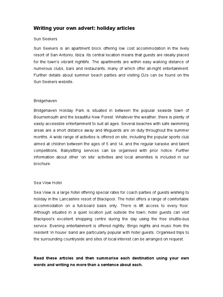 Writing Your Own Advert: Holiday Articles | PDF | Resort | Hotel