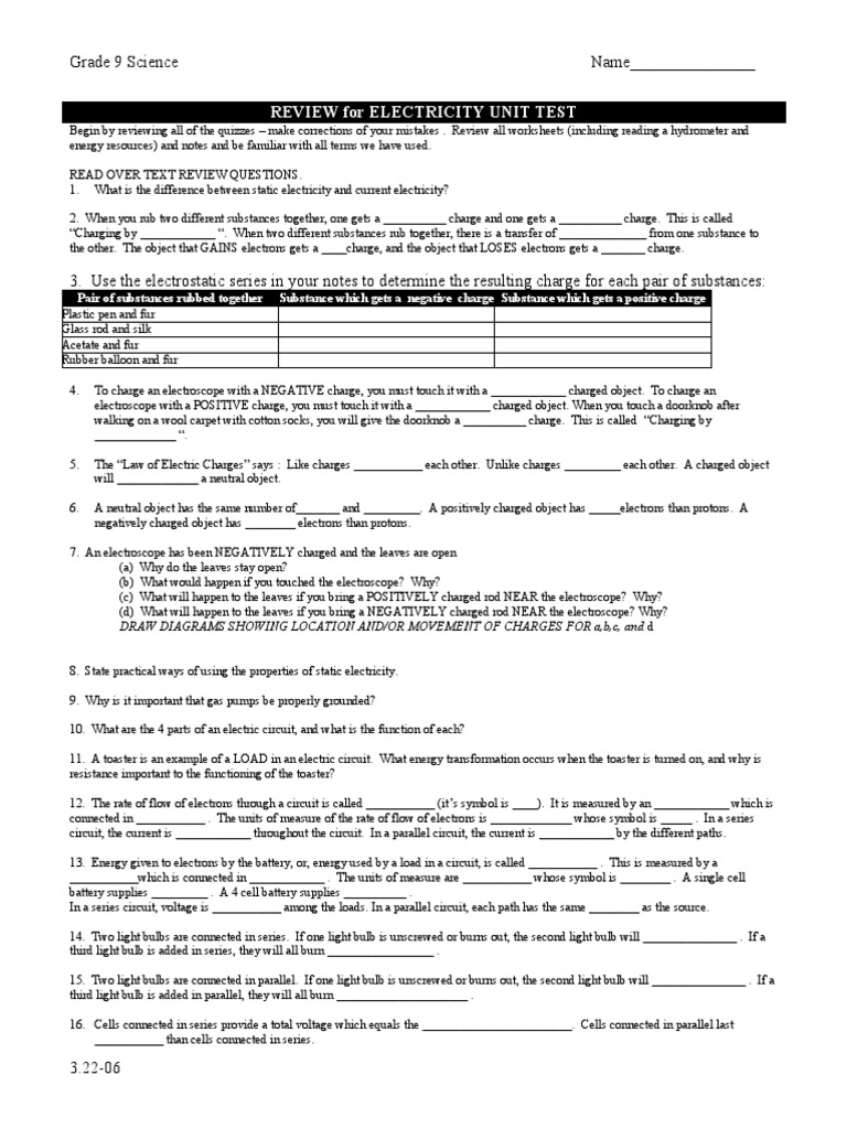 Review For Electricity Unit Test: Grade 9 Science Name | Download Free ...