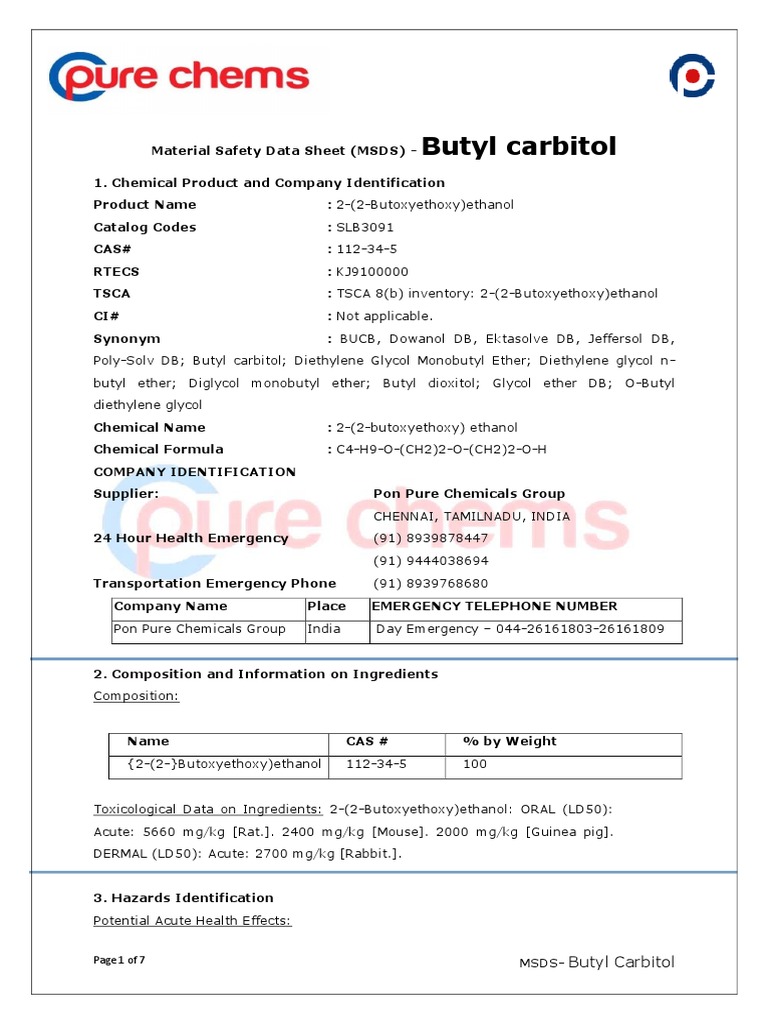 MSDS Butyl Carbitol | PDF | Toxicity | Water