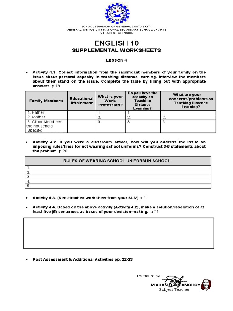 English 10 Module 1 Lesson 4 Worksheets | PDF | Human Nature | Teachers
