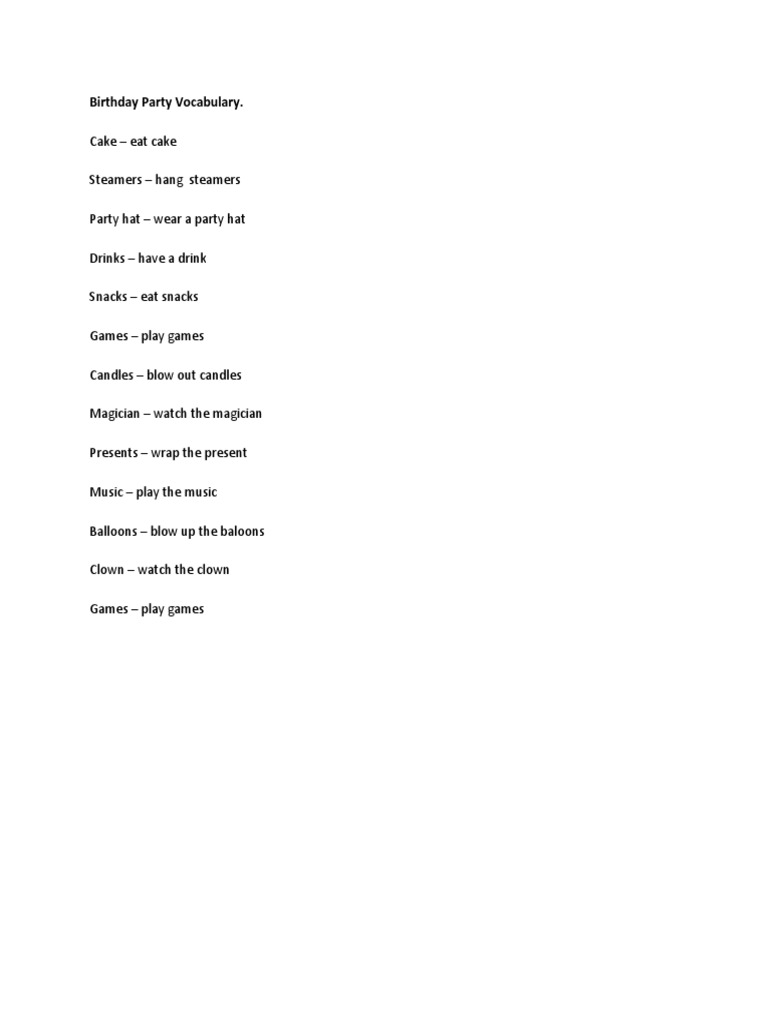 Birthday Party Vocabulary List | PDF | Cooking, Food & Wine | Art