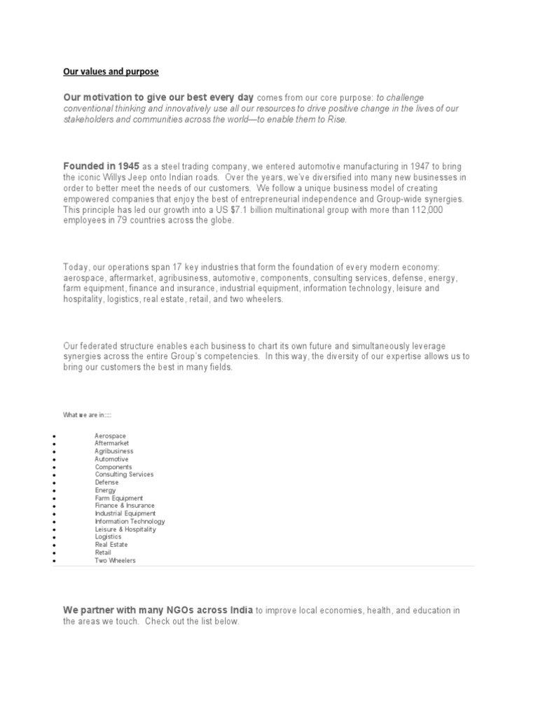 Our Values and Purpose | PDF | Business | Economies