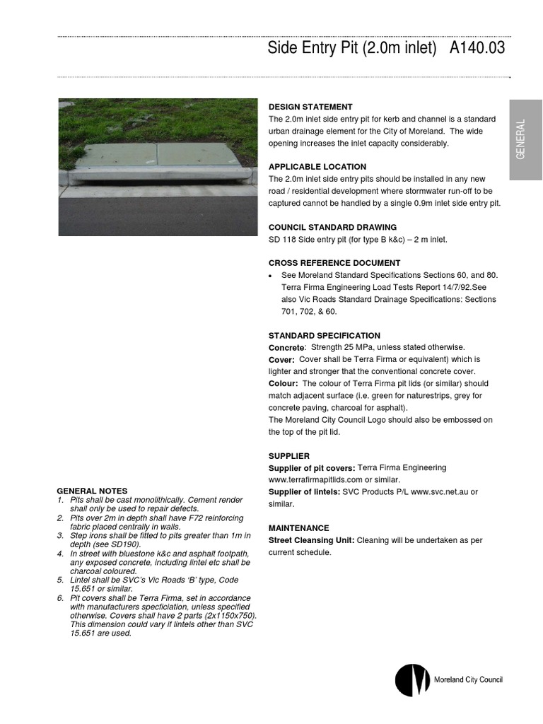 Side Entry Pit (2.0m Inlet) A140.03 | PDF | Specification (Technical ...