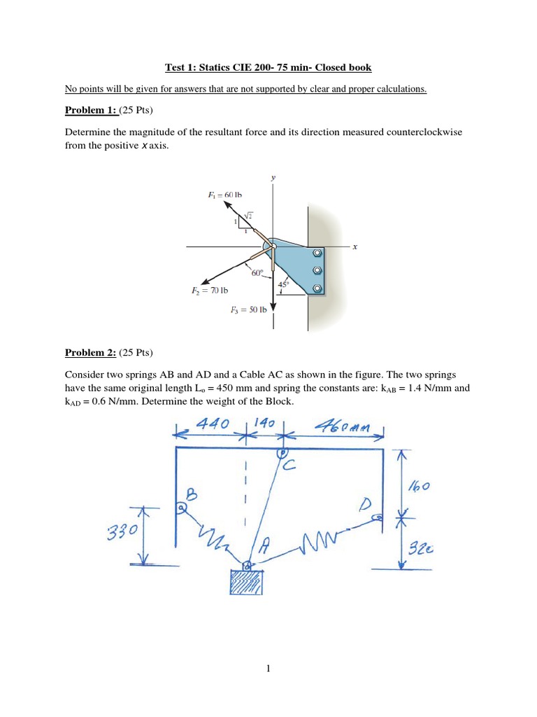 Test 1: Statics CIE 200-75 Min - Closed Book | PDF