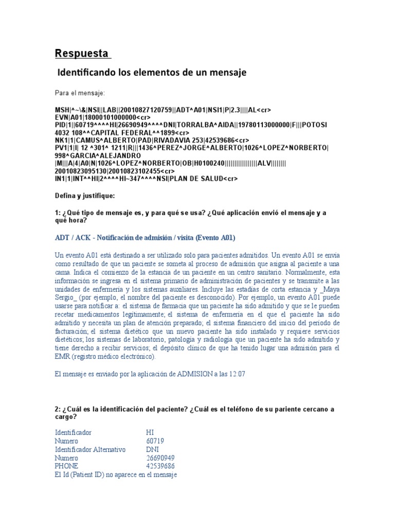 Detalles de Mensaje HL7 ADT A01 | PDF | Hospital | Ciencias de la Salud