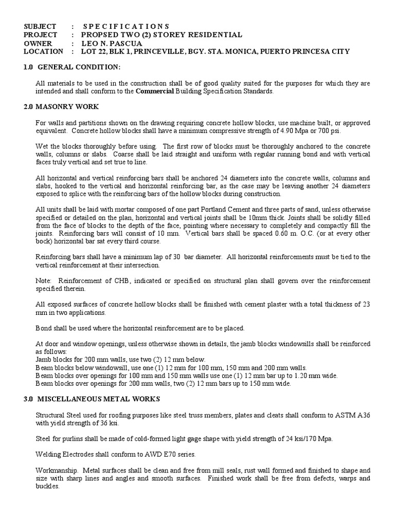 Proposed Two-Storey Residential Building: Specifications for Materials ...