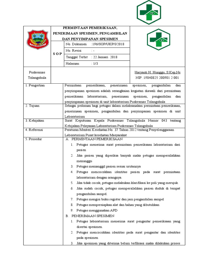 8.1.2 Ep 1 Sop Permintaan Pemeriksaan, Penerimaan Spesimen, Pengambilan Dan Penyimpanan Spesimen ...