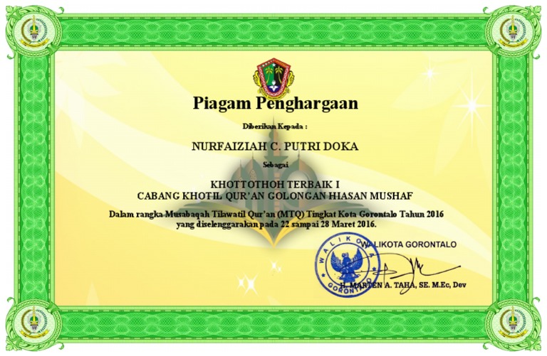 Piagam MTQ 2016 | PDF