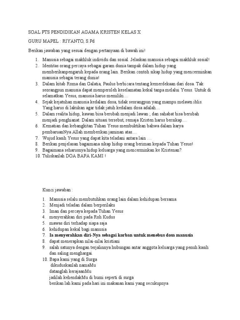 Soal PTS Pendidikan Agama Kristen Kelas X | PDF