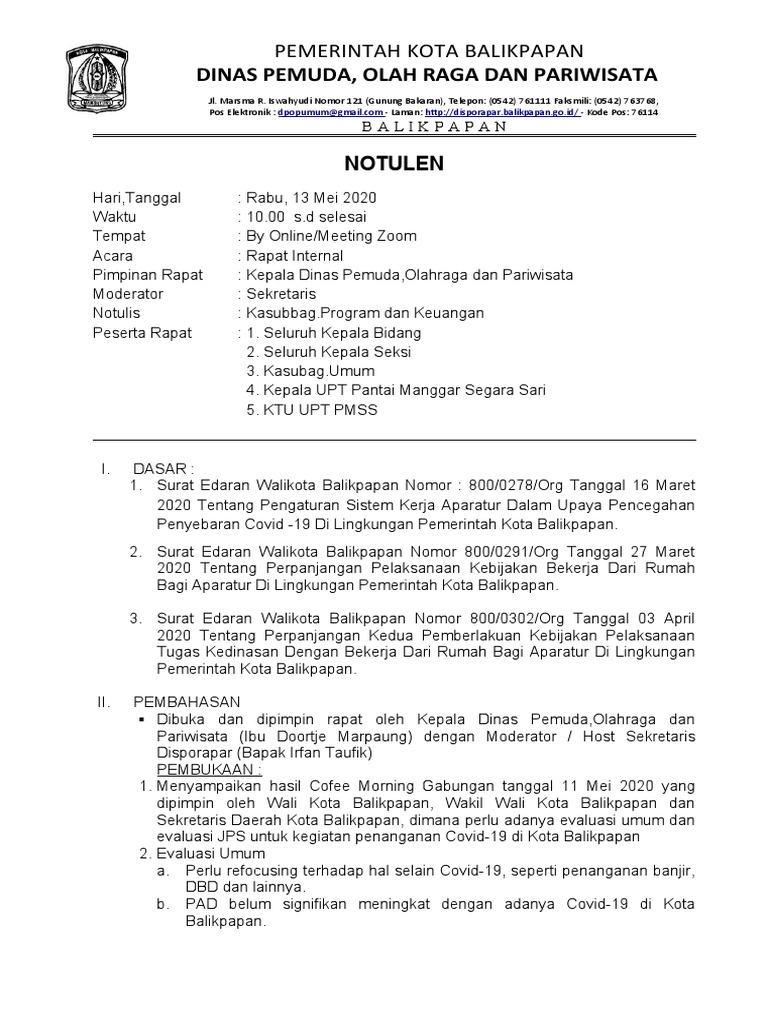 Notulen Rapat Zoom Dinas Pemkot Balikpapan | PDF