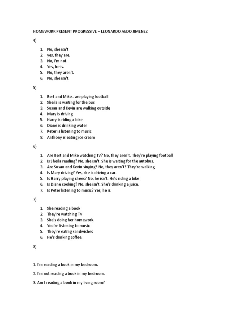 Present Progressive Homework Exercises | PDF