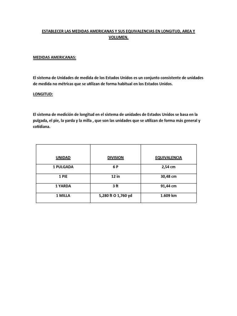 Medidas Americanas y Medidas Metricas | PDF | Pie (unidad) | Volumen
