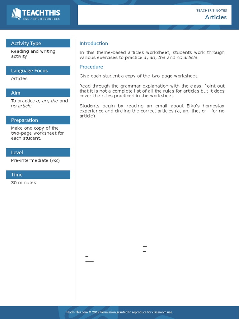 Articles Worksheet | PDF | English As A Second Or Foreign Language ...