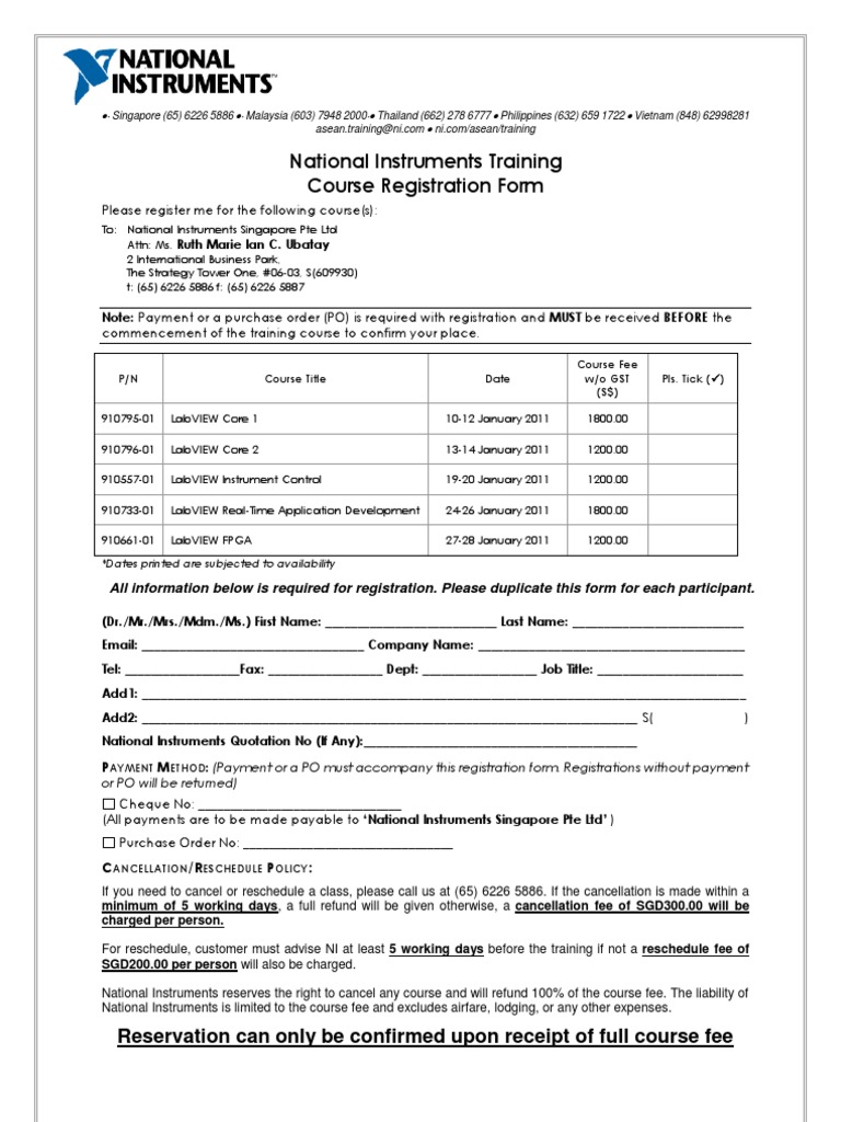 National Instruments Training Registration Form | PDF | Fee | Receipt