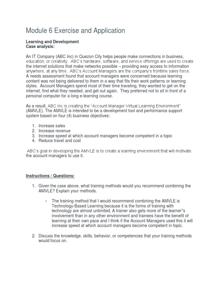 Module 6 Exercise and Application: Learning and Development Case ...