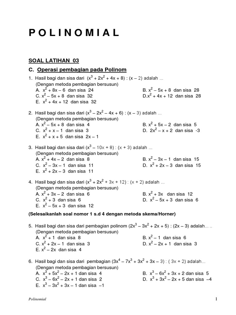 02-Latihan 01c-Operasi Pembagian Pada Polinomial (WWW - Defantri.com) | PDF