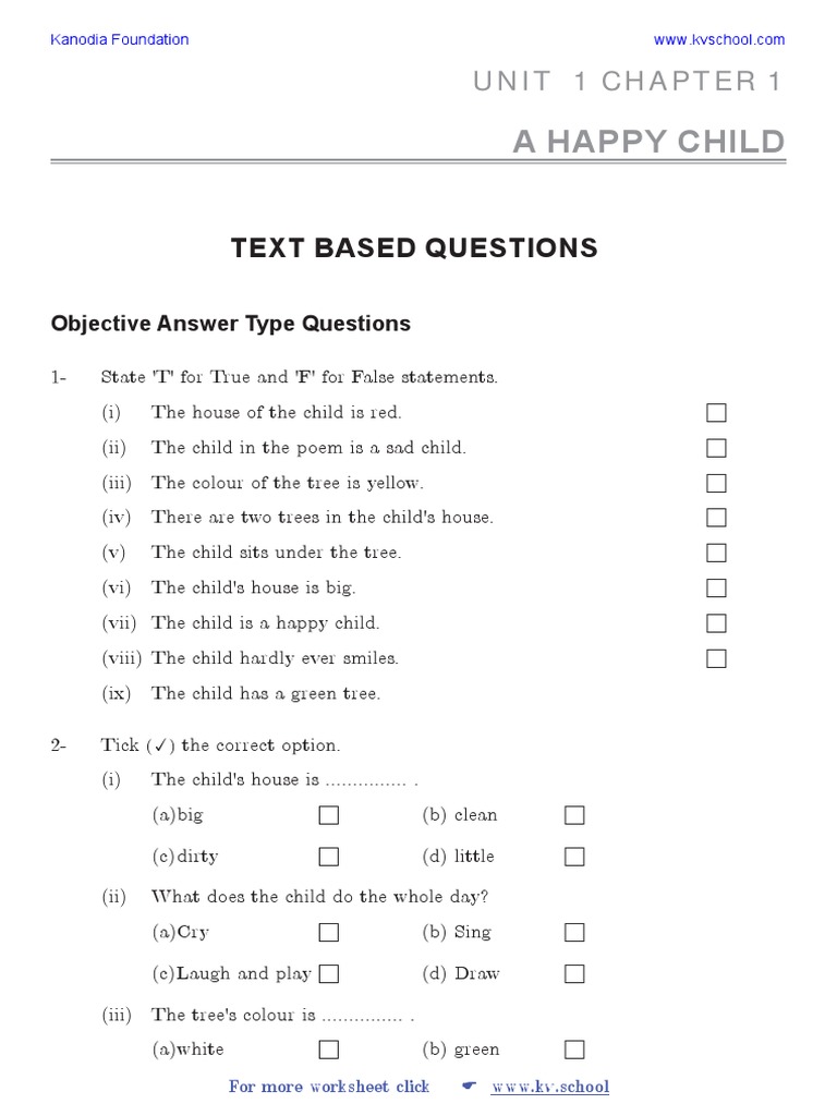 A Happy Child: Text Based Questions | PDF | Games & Activities ...