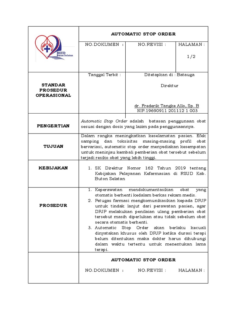 SOP Automatic Stop Order | PDF