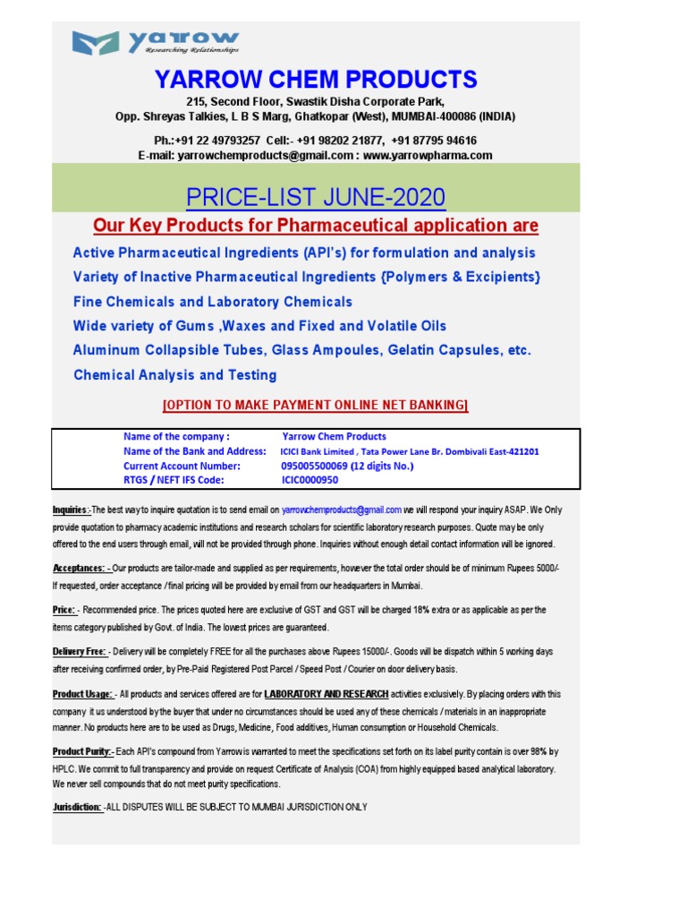 Yarrow Price List June-2020 | Download Free PDF | Chemical Compounds ...