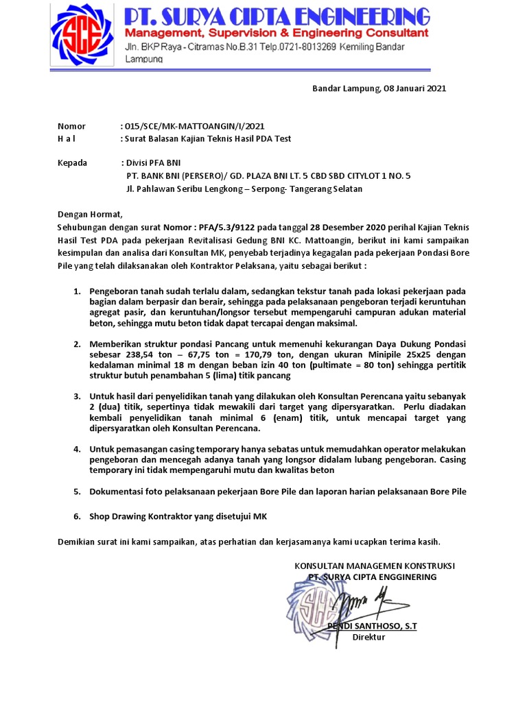 Kajian Teknis Hasil Test PDA BNI Mattoangin | PDF | Griya & Taman
