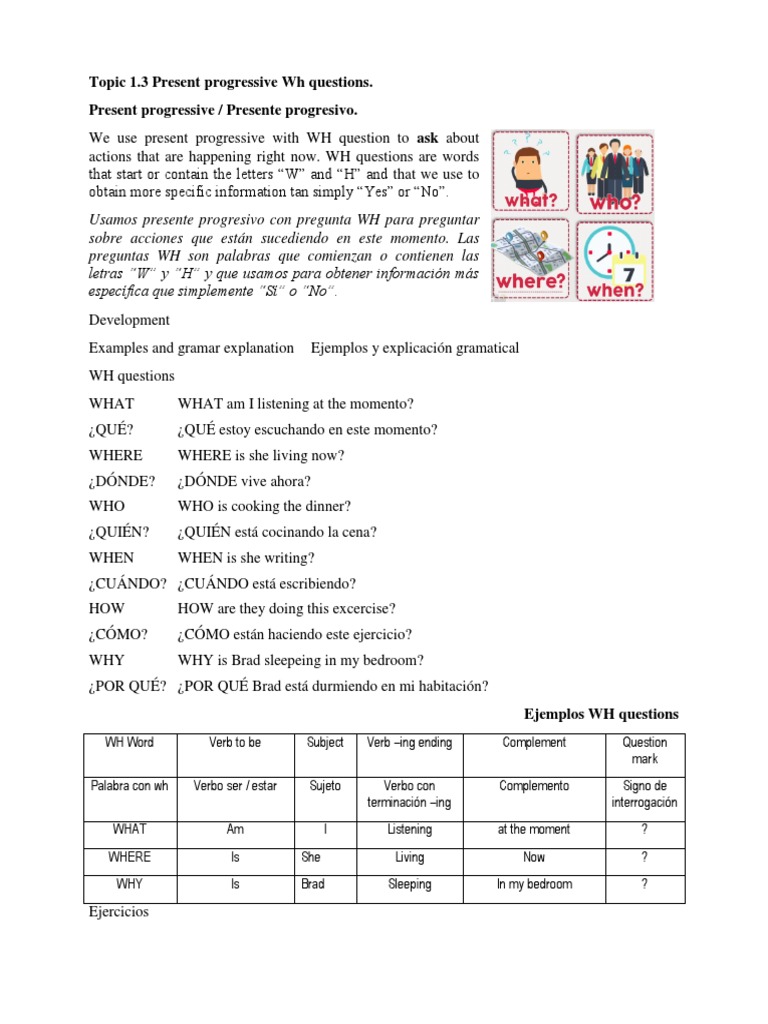Topic 1.3 Present Progressive WH Questions. | PDF