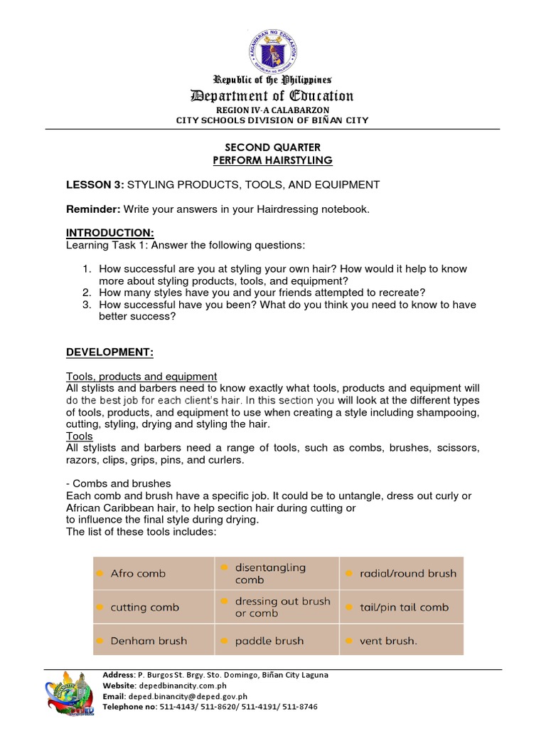 HAIRSTYLING WORKSHEET LESSON 3 Tools, Product and Equipment in ...