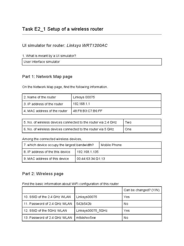 Task E2 - 1 Setup of A Wireless Router | PDF