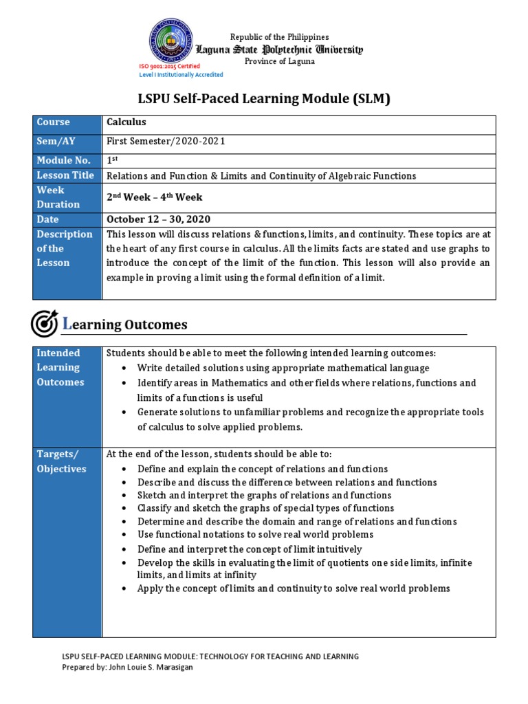 LSPU Self-Paced Learning Module (SLM) : Calculus | PDF | Function (Mathematics) | Slope