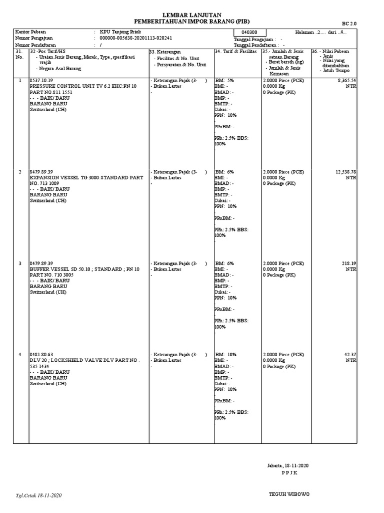 Lembar Lanjutan Pemberitahuan Impor Barang (Pib) : TGL - Cetak 18-11 ...