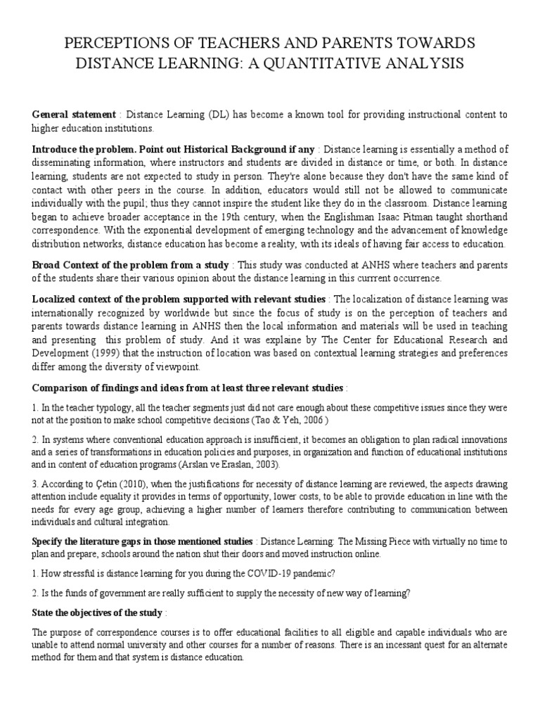 Teacher and Parent Views on Distance Learning | PDF | Distance ...