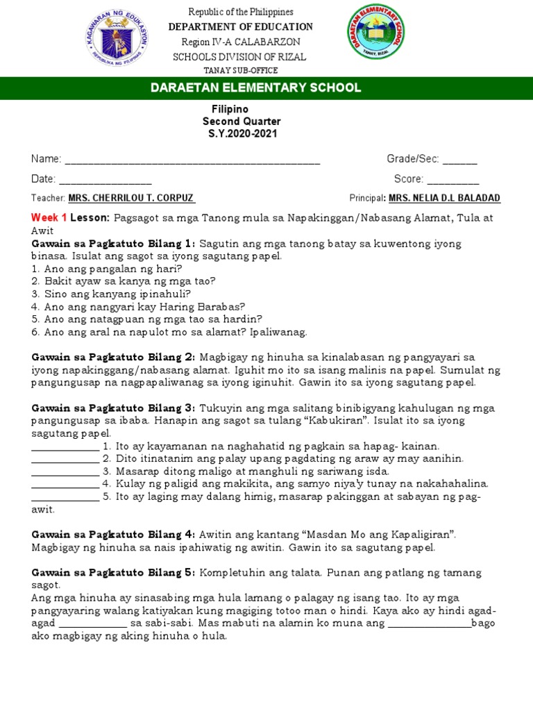 Filipino Answersheet Week 1 2ND Quater | PDF