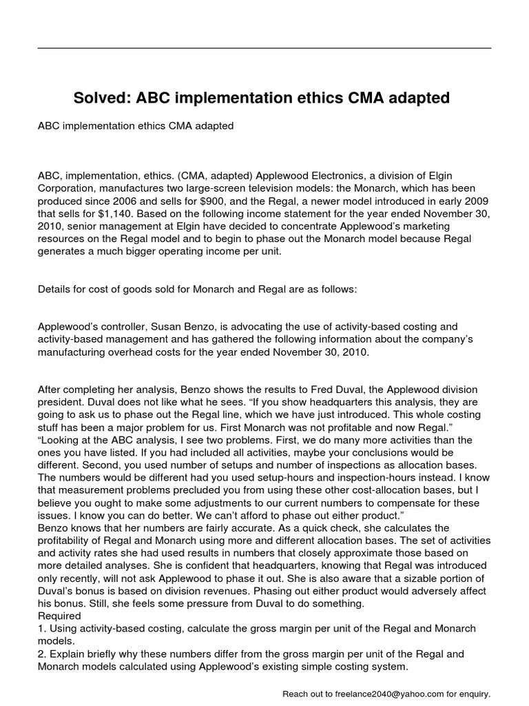 ABC Implementation Ethics Cma Adapted | PDF | Gross Margin | Business ... ABC Implementation Ethics Cma Adapted | PDF | Gross Margin | Business ...