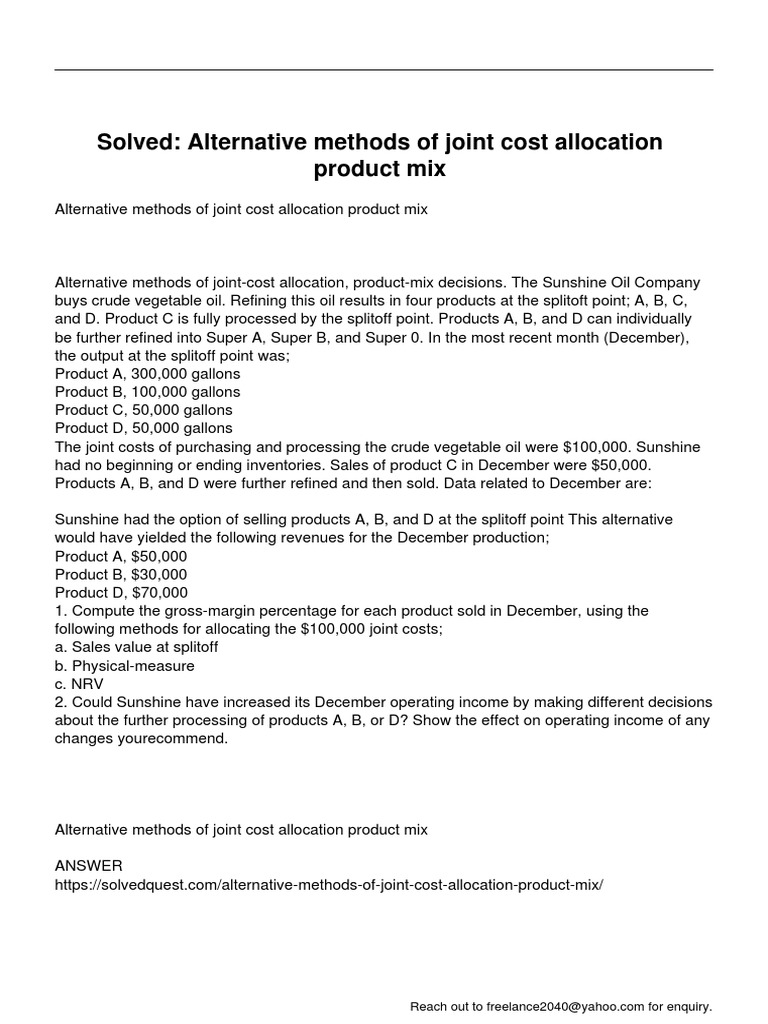 Alternative Methods of Joint Cost Allocation Product Mix | PDF ...