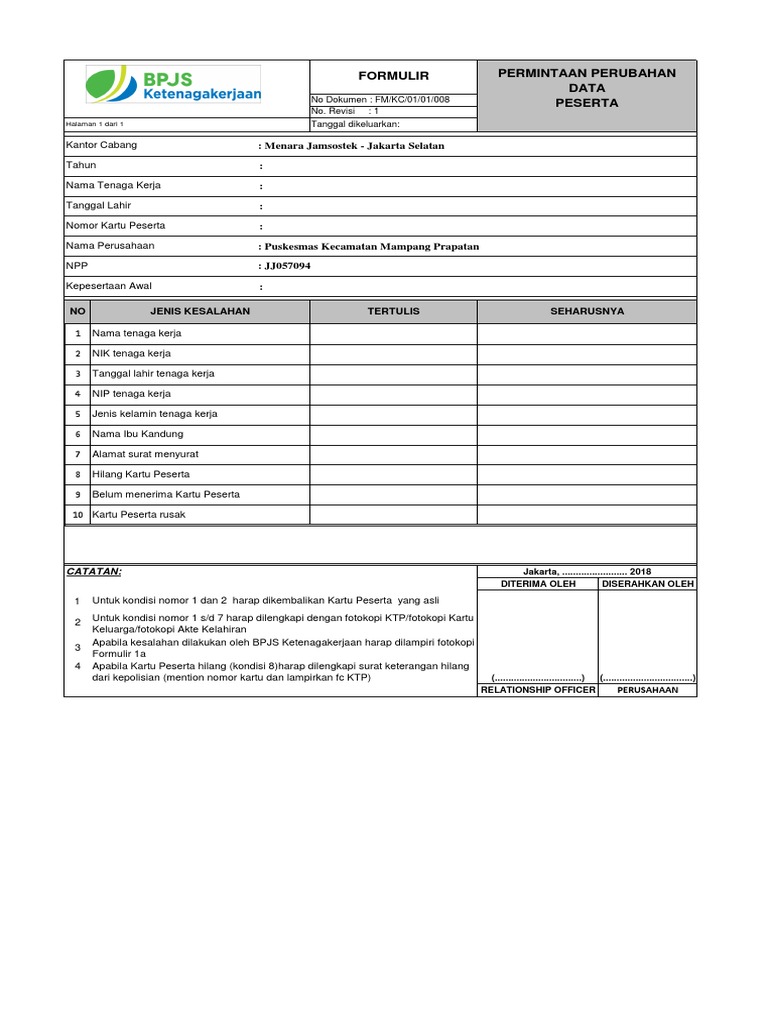 Perubahan Data Peserta Bpjs | PDF