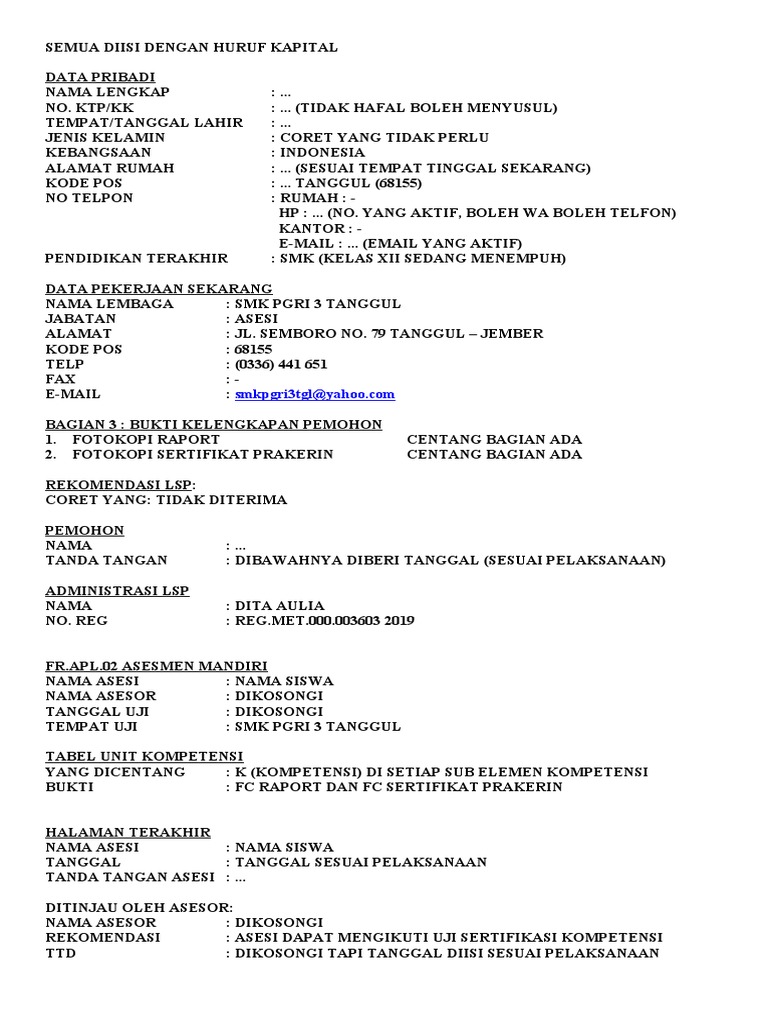 Pengisian Apl 1 Dan Apl 2 | PDF